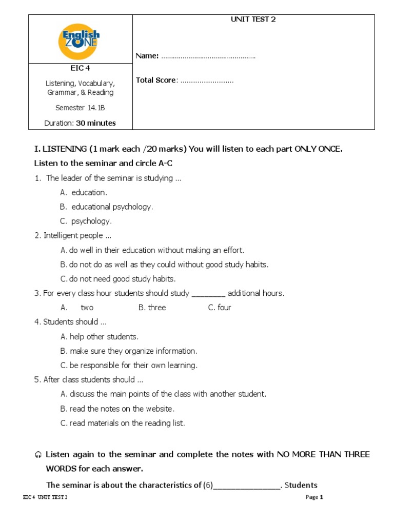 EIC 4 Unit Test 2 | PDF | Question | Street