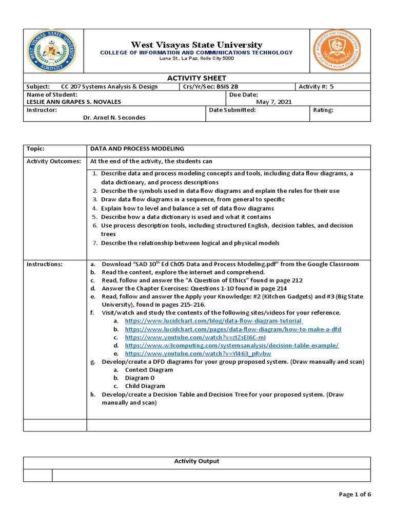 SAD Activity Sheet 5 Data and Process Modeling | PDF | Computing ...