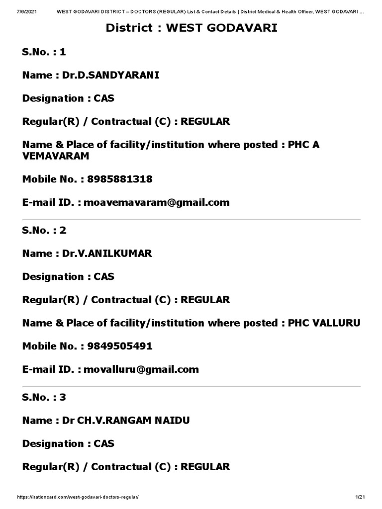 West Godavari District - Doctors (Regular) List & Contact Details ...
