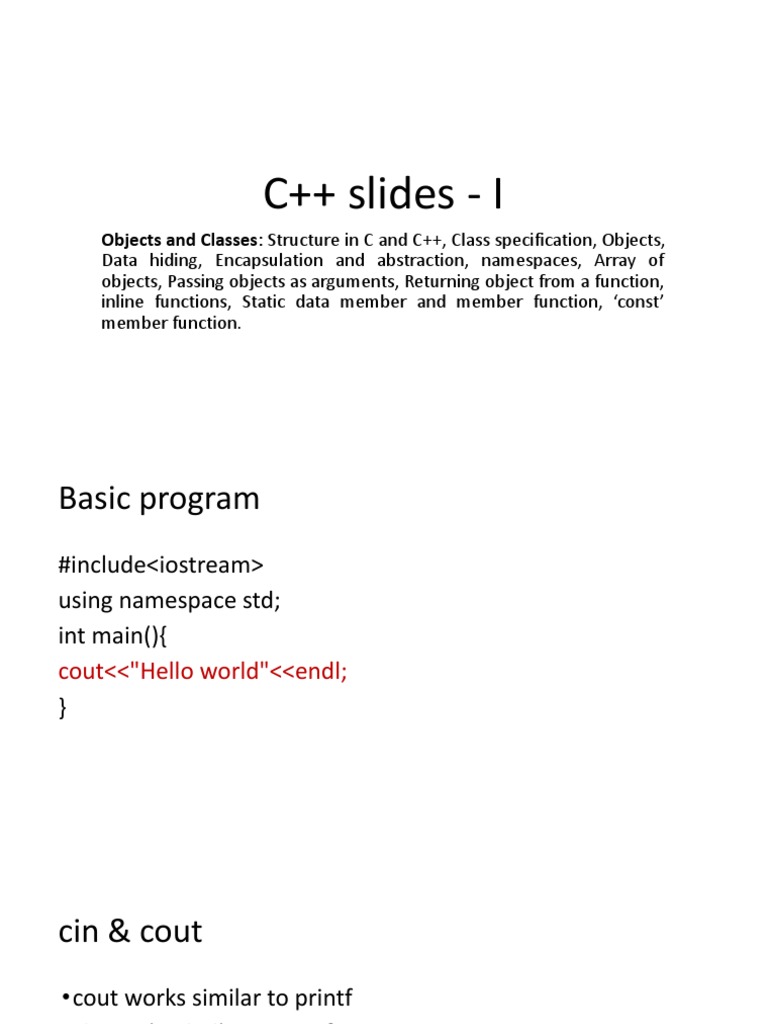 C++ Slides - I: Objects and Classes: Structure in C and C++, Class ...