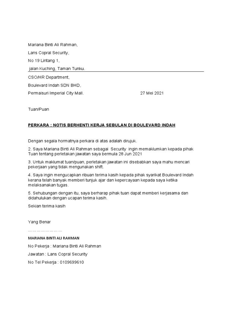 Contoh Surat Resign Sebulan | PDF