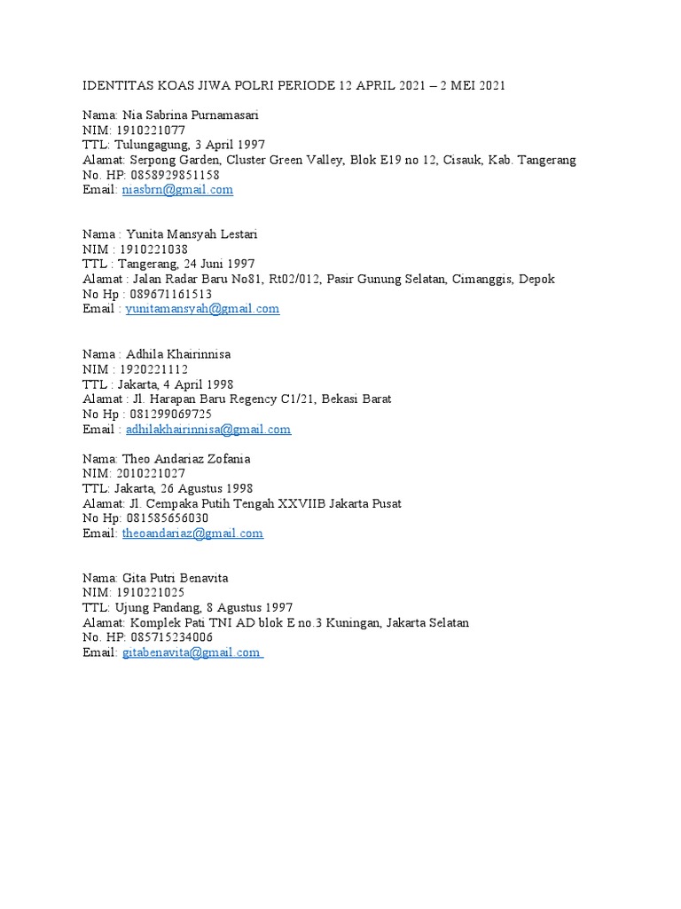 Identitas Koas Jiwa Periode 12 April 2021 - 2 Mei 2021 | PDF