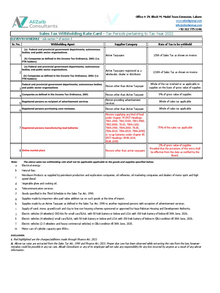 Sales Tax Withholding Rate Card | PDF | Withholding Tax | Electric Car