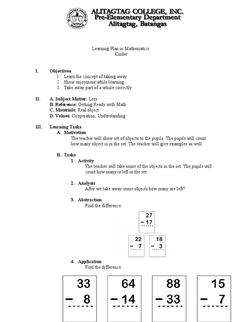 Pre Elem - Learning Plan in Mathematics | PDF | Language Arts ...