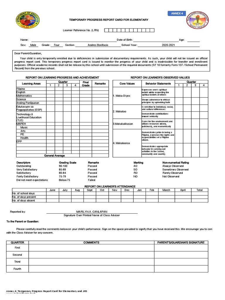 Temporary Progress Report Card For Elementary (Annex 4) | PDF ...
