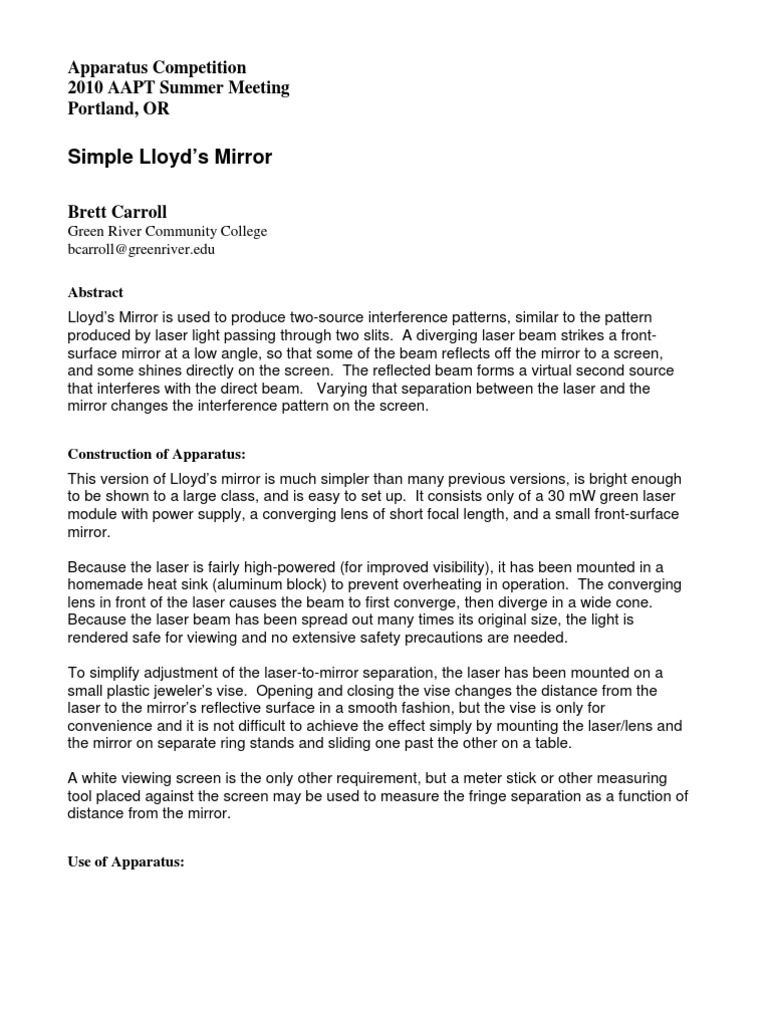Simple Lloyd's Mirror Setup Guide | PDF | Diffraction | Mirror