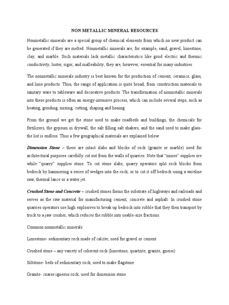 Non Metallic Mineral Resources | PDF | Rock (Geology) | Minerals