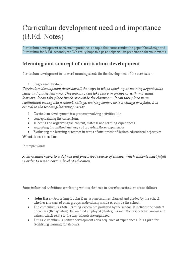 Curriculum Development Need and Importance (B.Ed. Notes) | PDF ...