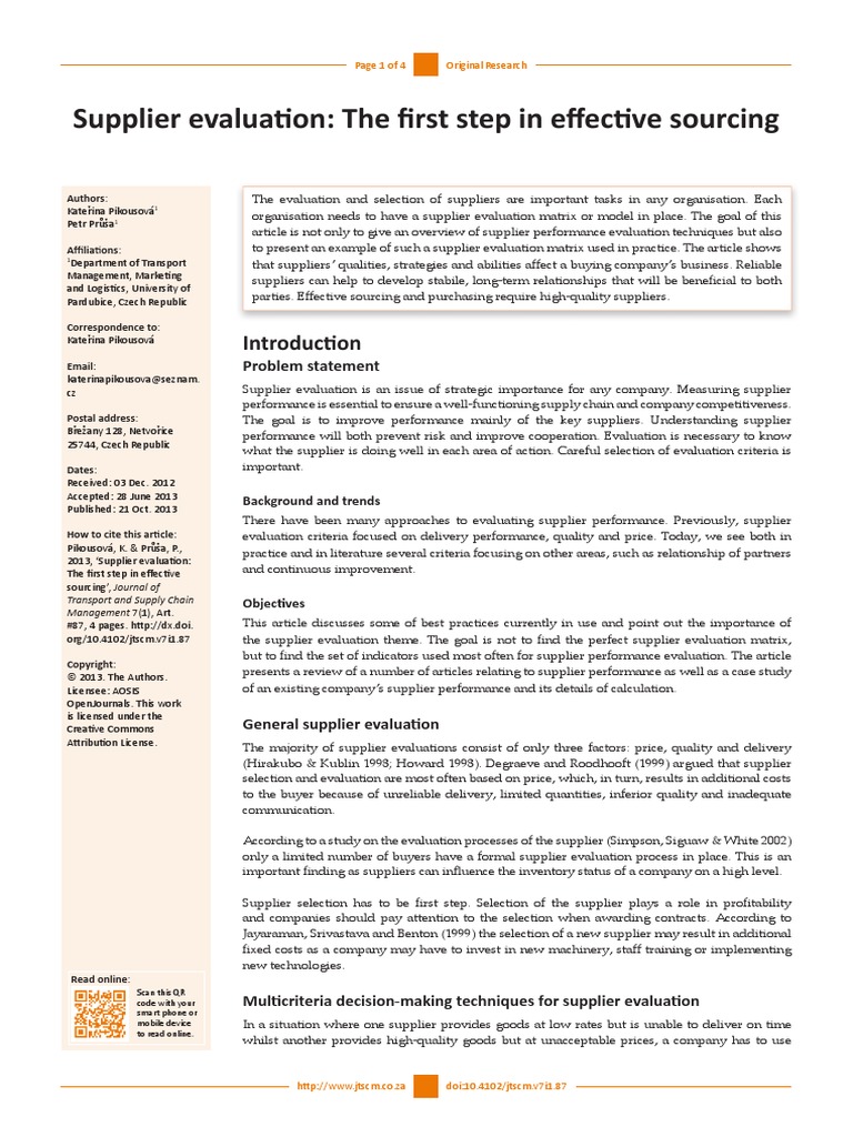 Supplier Evaluation The First Step in Effective So | PDF | Performance ...