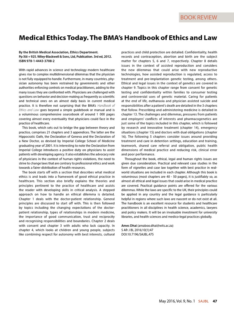 Medical Ethics Today. The BMA's Handbook of Ethics and Law: Book Review ...