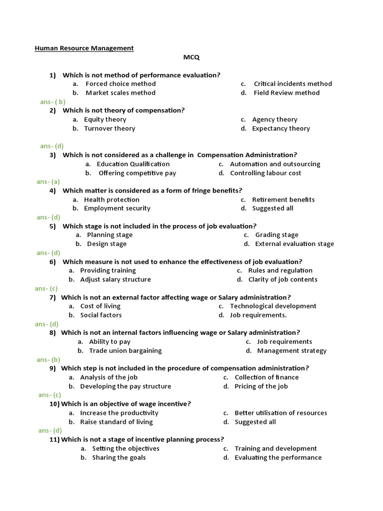 HRM MCQ's | Download Free PDF | Employment | Salary