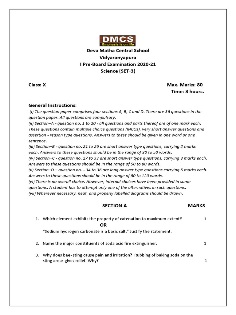 Class X Science Pre-Board Set 3 Question Paper | PDF | Ion | Chemistry