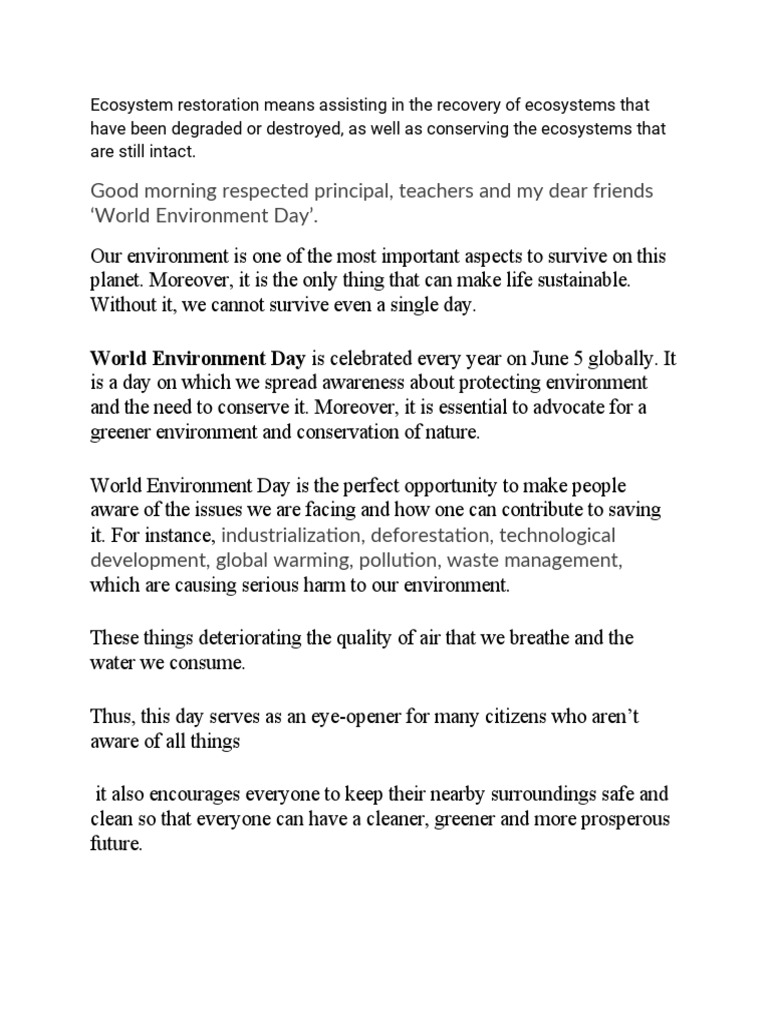 Speech On Environment Day | PDF | Natural Environment | Environmental ...