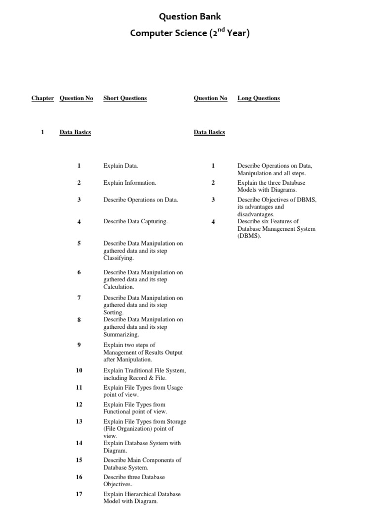 Question Bank Computer Science (2 Year) | PDF | Microsoft Access | Databases