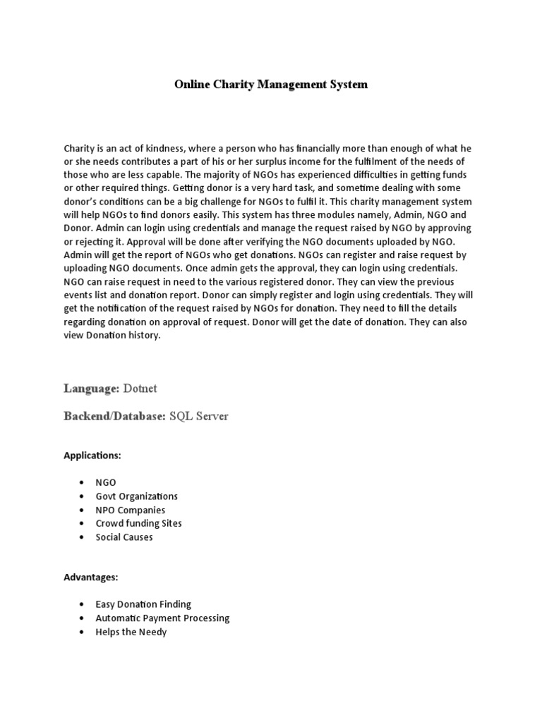 Online Charity Management System: Language: Dotnet Backend/Database ...