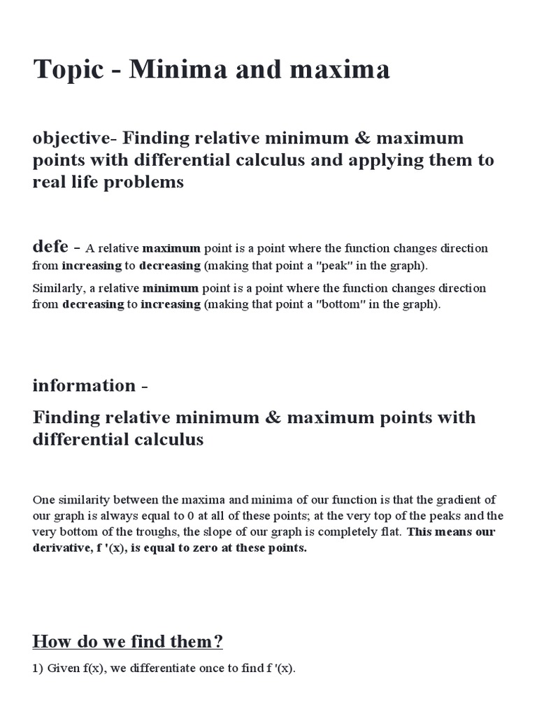 Topic - Minima and Maxima | PDF | Maxima And Minima | Differential Calculus