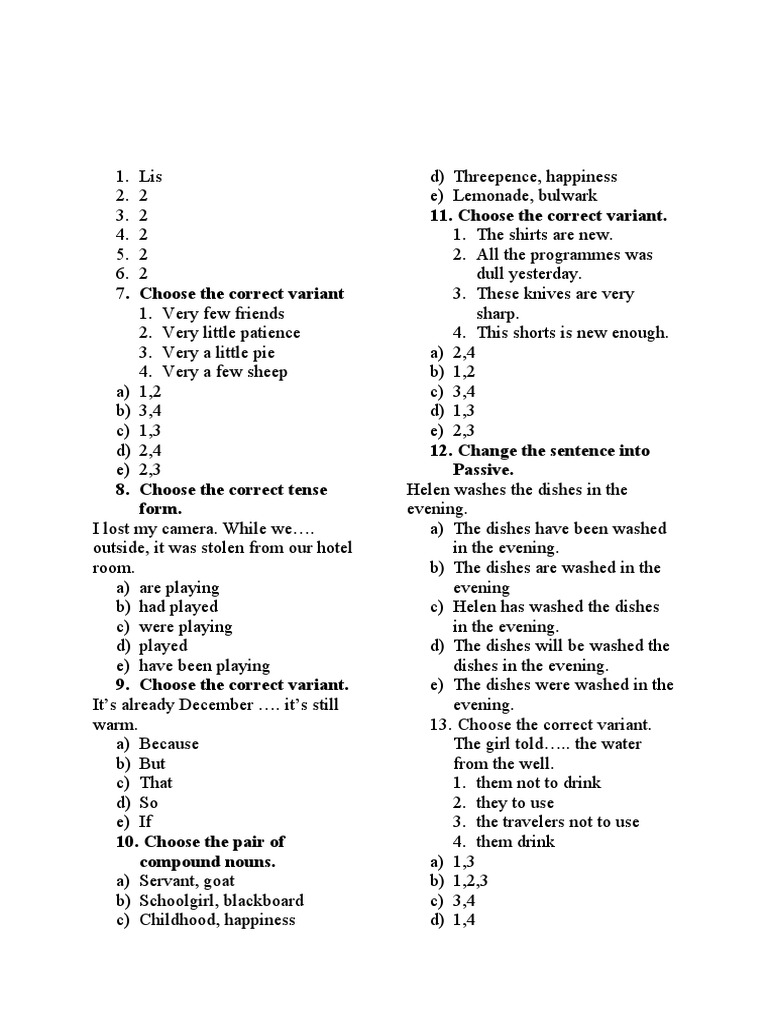Comprehension Test: Choosing Correct Grammar Structures and Variants ...