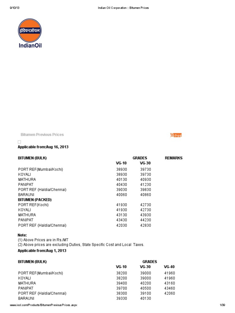 Indian Oil Corporation Bitumen Prices | PDF | Excise | Taxation