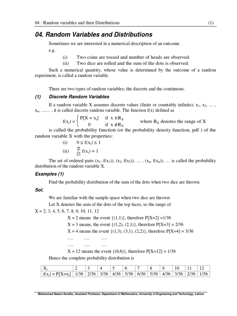 04 ES Random Variables | PDF | Probability Distribution | Random Variable