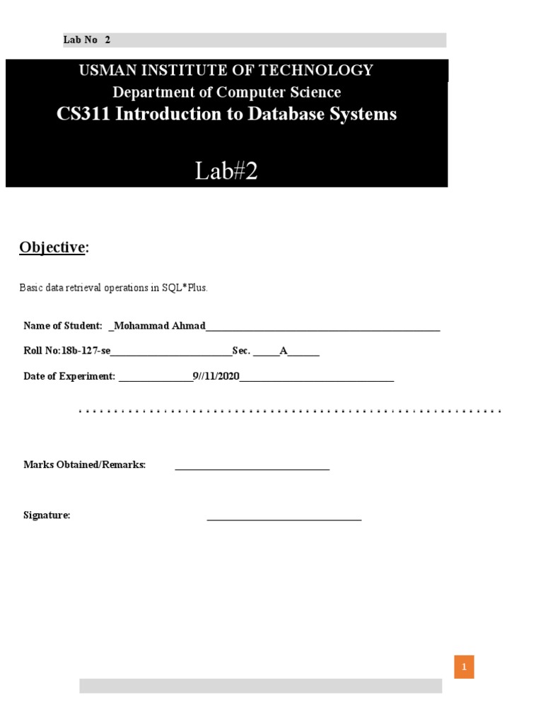 CS311 Introduction To Database Systems: Usman Institute of Technology ...