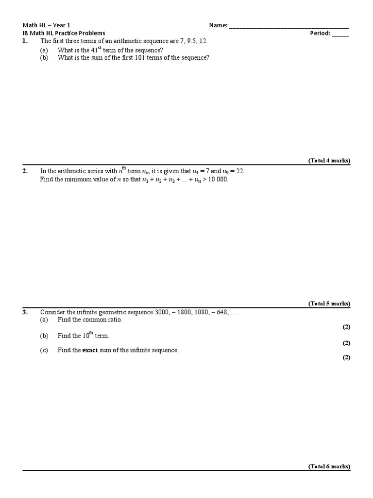 IB Math HL Year 1 Practice Problems | PDF | Zero Of A Function | Sine
