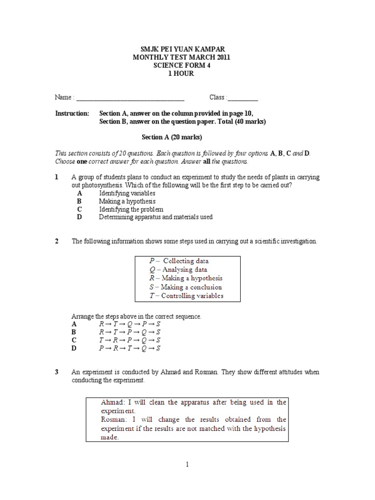 SMJK Pei Yuan Kampar Monthly Test March 2011 Science Form 4 1 Hour ...