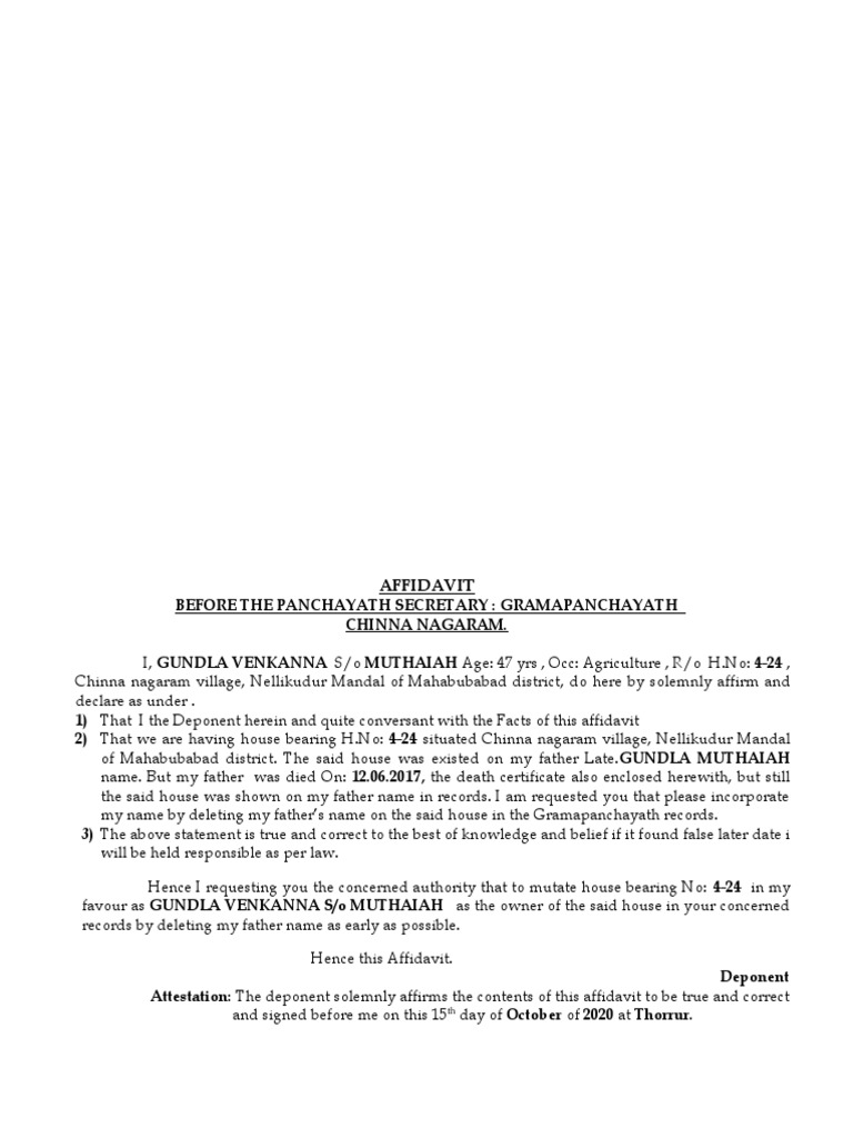 Affidavit For House Mutation of Gundla Venkanna | PDF