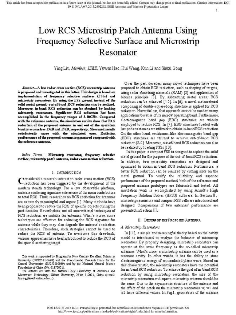 Low RCS Microstrip Patch Antenna Using Frequency Selective Surface and Microstrip Resonator ...