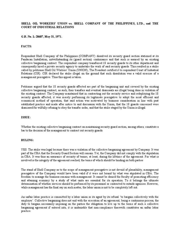 SHELL OIL WORKERS' UNION vs. SHELL COMPANY OF THE PHILIPPINES | PDF ...