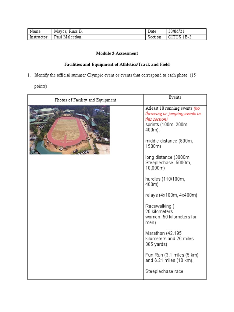 Module 3 Assessment Facilities and Equipment of Athletics/Track and ...