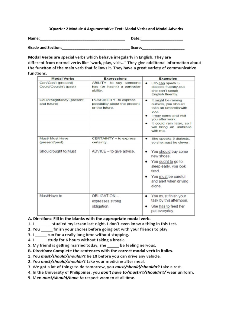 Quarter 2 Module 4 Argumentative Text Modal Verbs and Adverbs | PDF ...