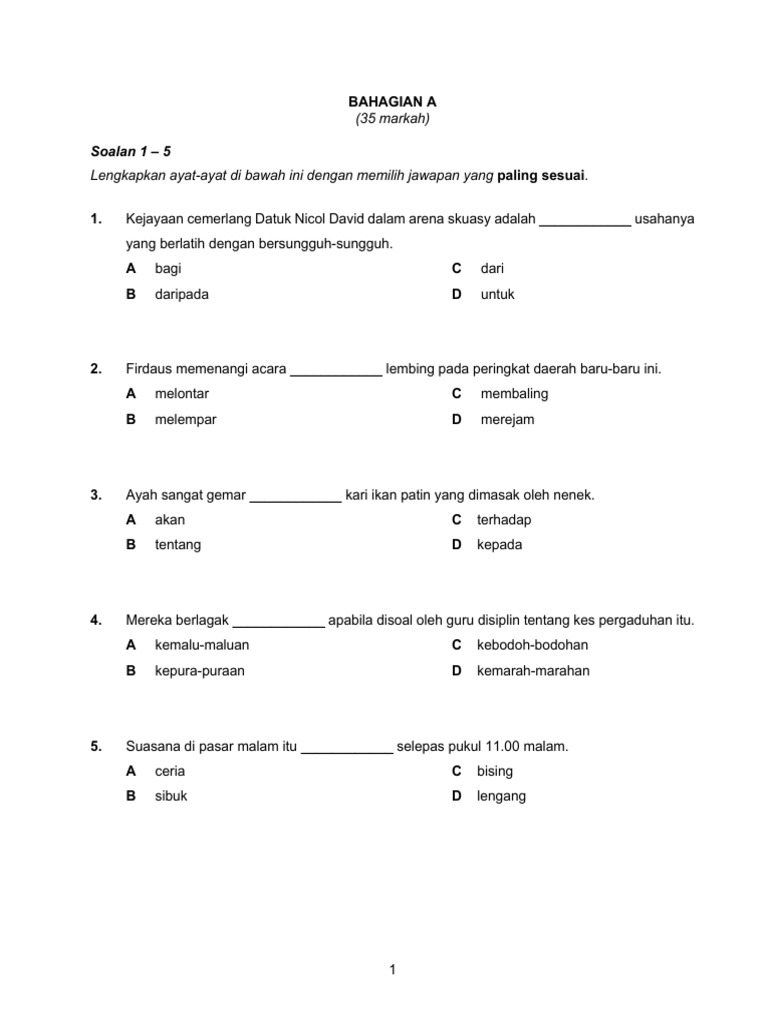 Peperiksaan Pertengahan Tahun Bahasa Melayu Kertas 1 Tingkatan 1 Pdf