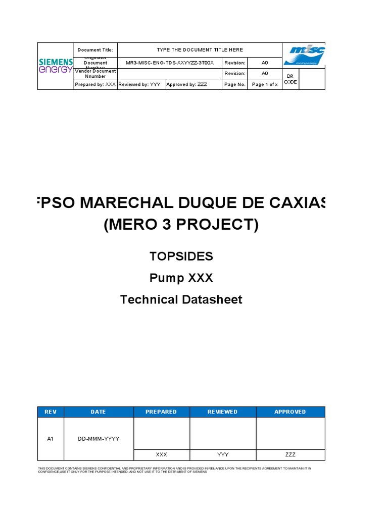 TDS Cover Sheet Template - Vendor | PDF | Pump | Pressure Measurement