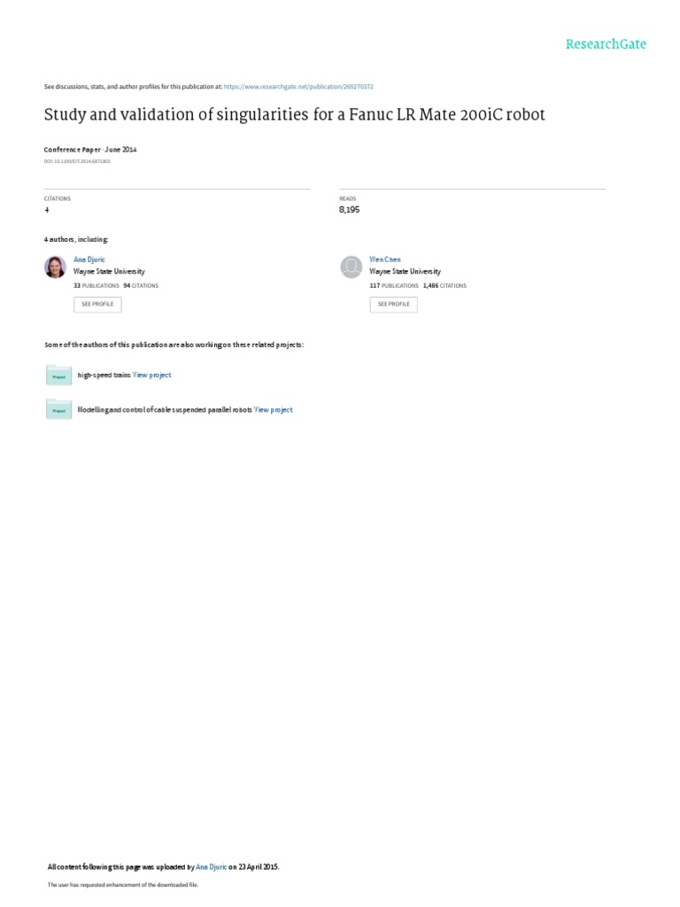 Study and Validation of Singularities For A Fanuc LR Mate 200ic Robot ...