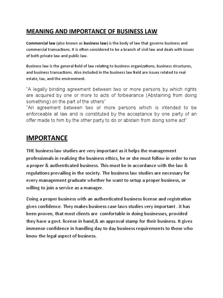Meaning and Importance of Business Law | PDF | Guarantee | Negotiable ...