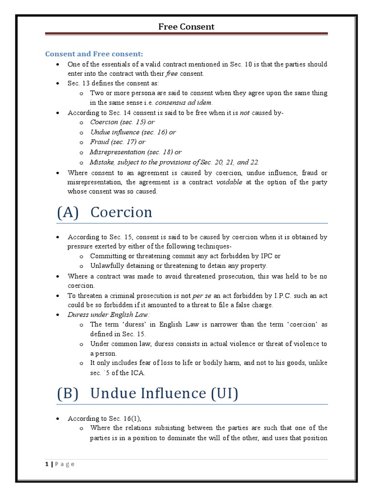 (A) Coercion: Free Consent | PDF | Misrepresentation | Fraud