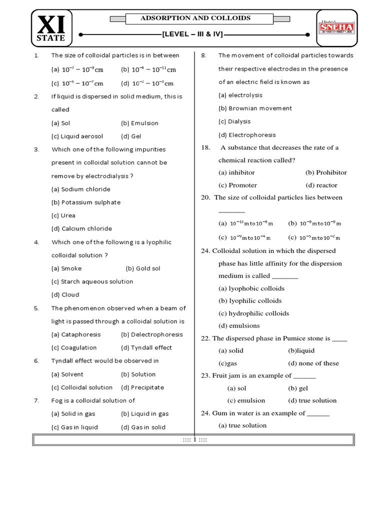 Adsorption and Colloids (Level III & IV) | PDF | Colloid | Solution