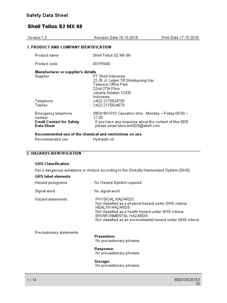 Shell Tellus S2 MX 68: Safety Data Sheet | PDF | Personal Protective ...