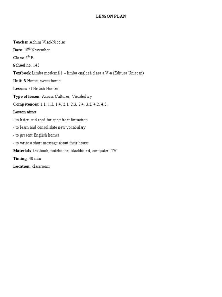 5B - British Homes - Lesson Plan | PDF | Lesson Plan | Behavior ...