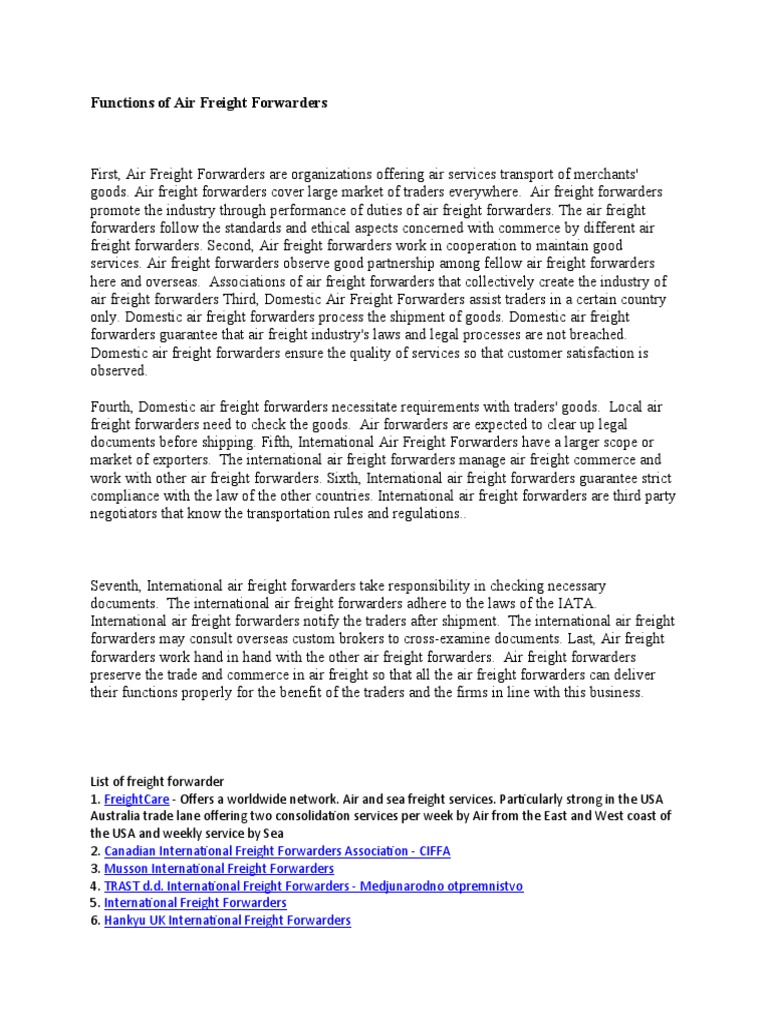Functions of Air Freight Forwarders | PDF | Cargo | Transport