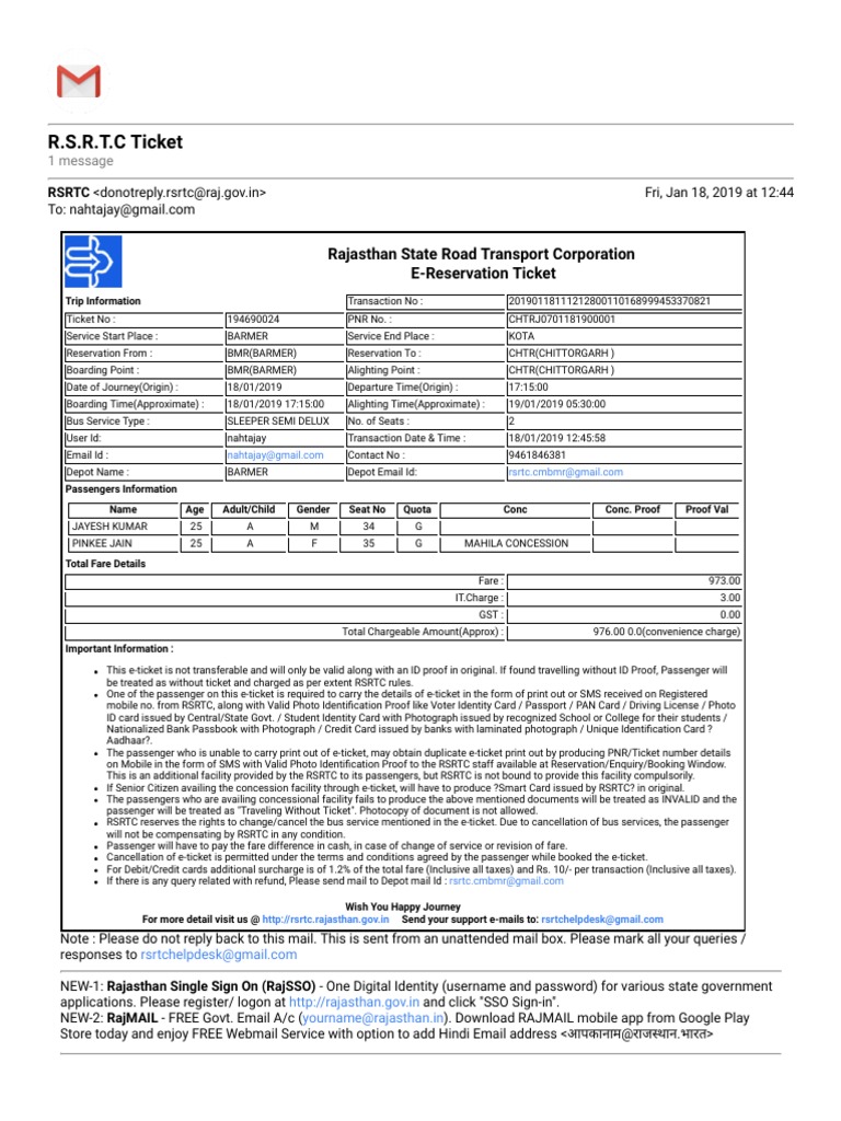 RSRTC Ticket from Barmer to Kota | PDF | Identity Document | Service ...