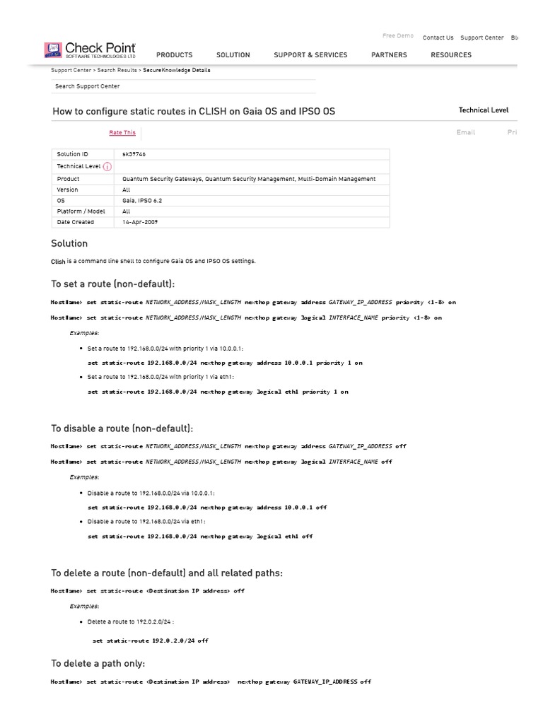 How To Configure Static Routes in CLISH On Gaia OS and IPSO OS | PDF ...