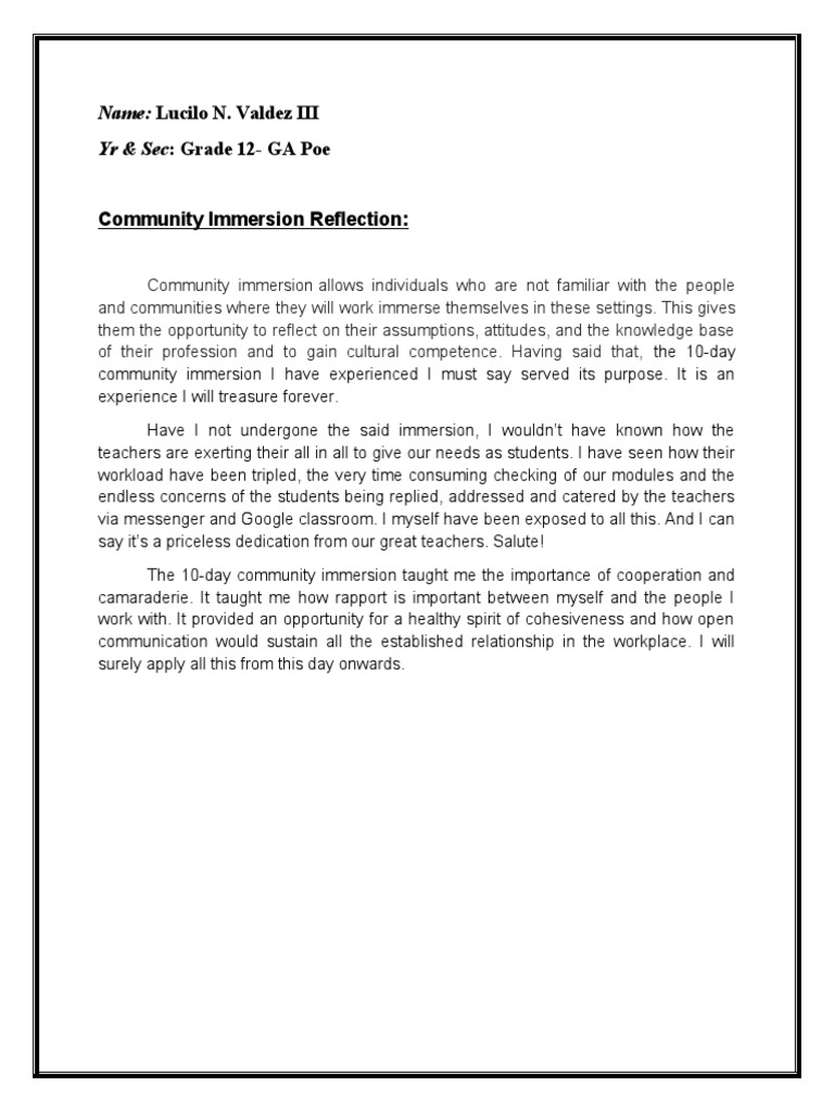 Work Immersion Reflection Paper by Lucilo Valdez | PDF