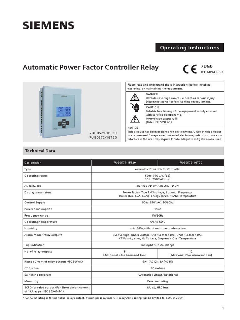 Automatic Power Factor Controller Relay: Operating Instructions | PDF | Ac Power | Relay