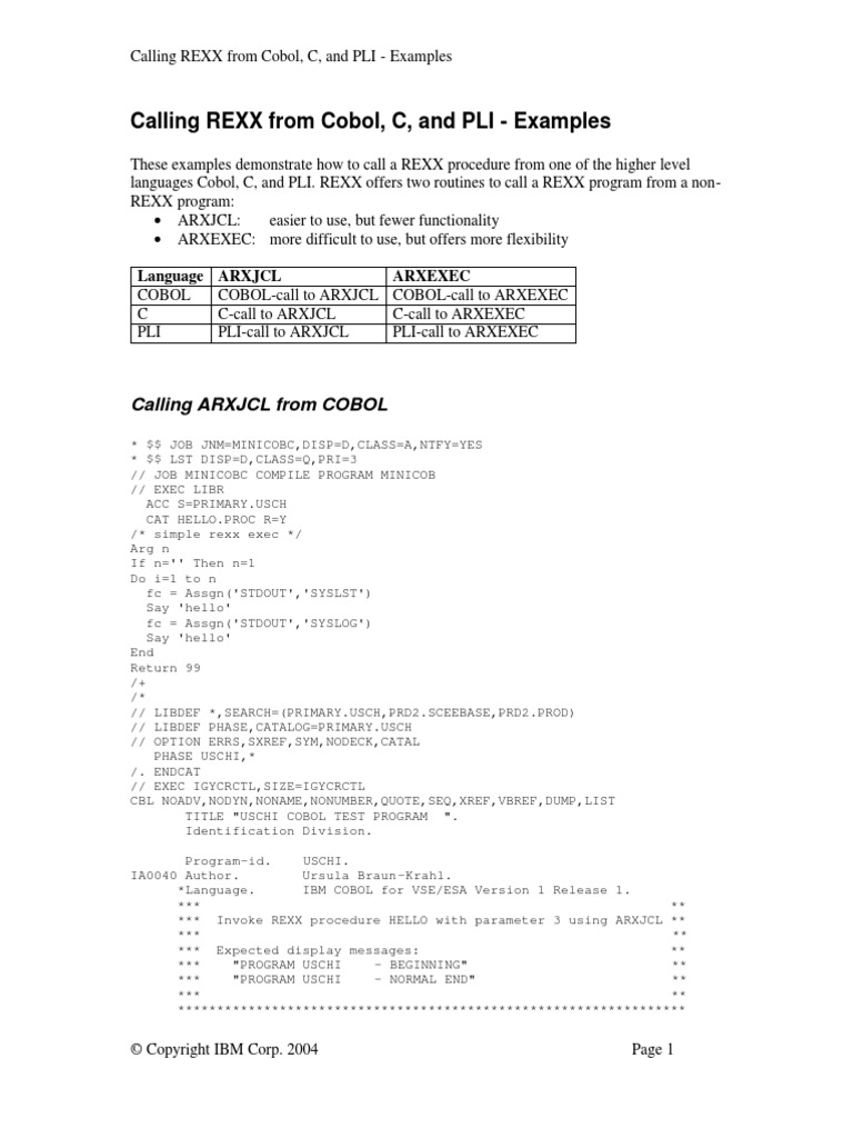 Calling REXX From Cobol, C, and PLI - Examples | PDF