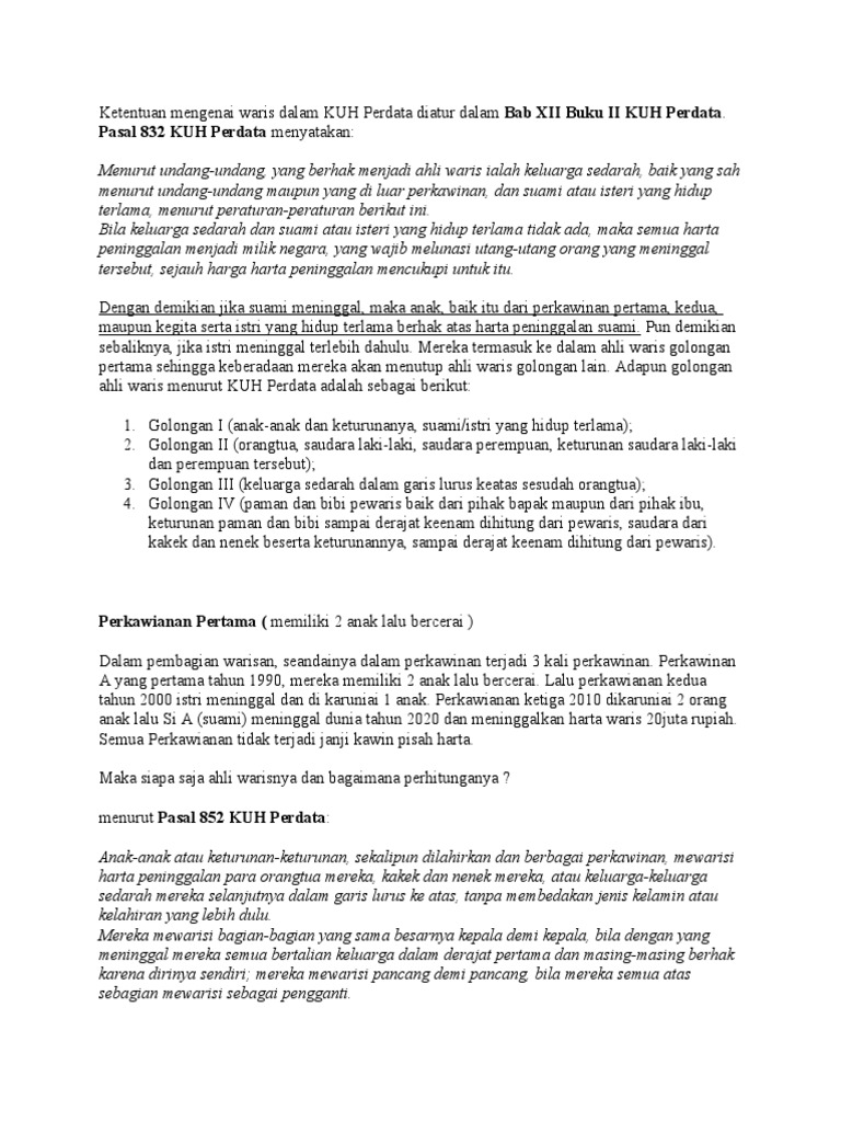 Ketentuan Mengenai Waris Dalam KUH Perdata Diatur Dalam Bab XII Buku II KUH Perdata | PDF