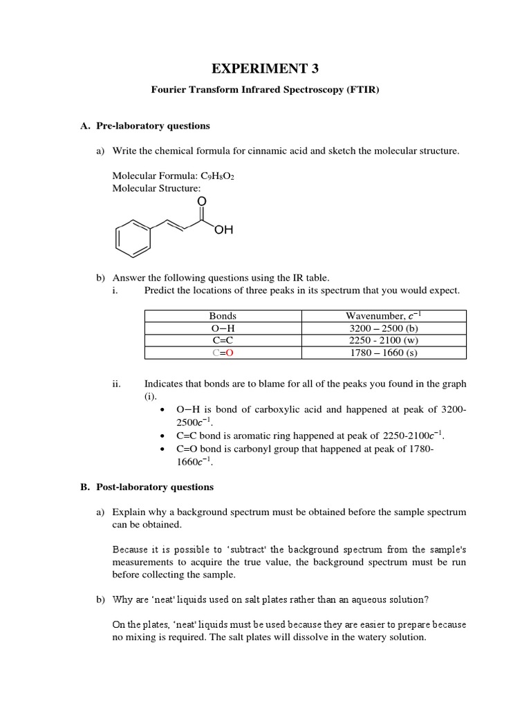 Experiment 3: Fourier Transform Infrared Spectroscopy (FTIR) | PDF ...
