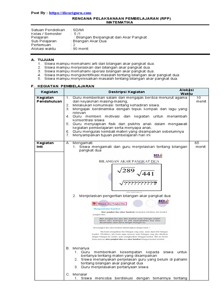 RPP Bilangan Akar Pangkat Dua Kelas 5 | PDF