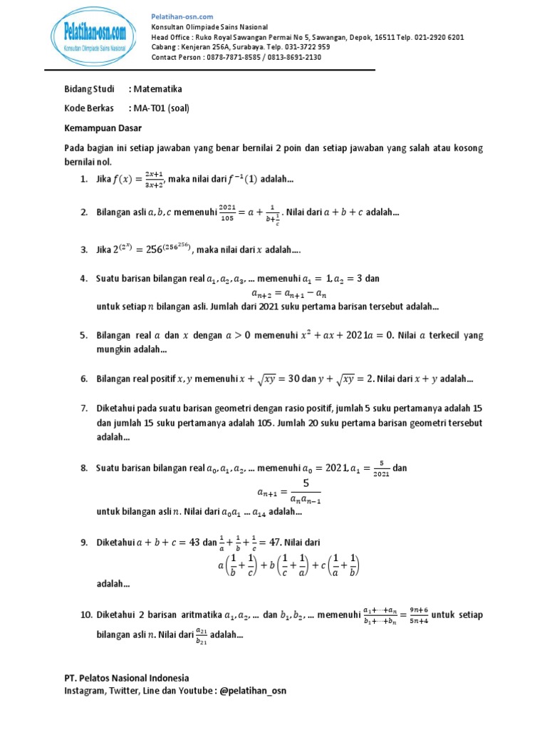 LTJJ 2021 Mat-T01 (Soal) | PDF | Metode & Bahan Ajar