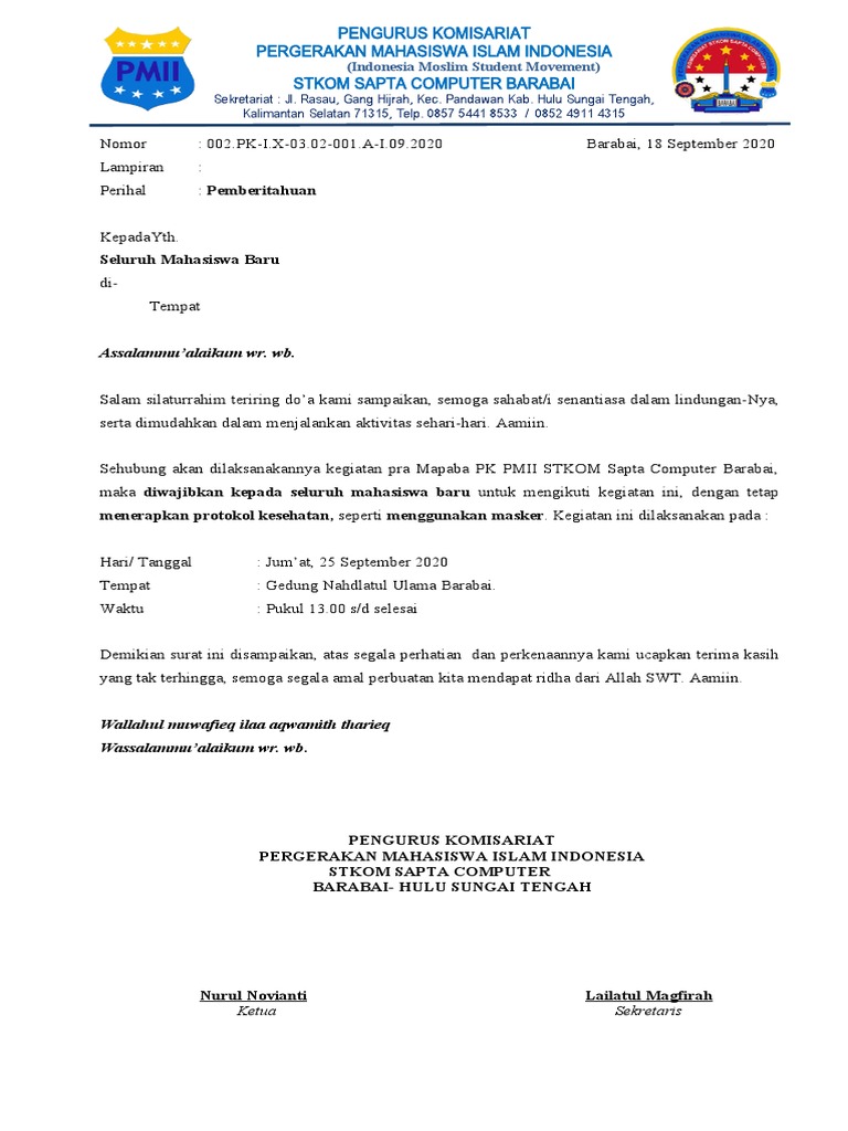 Pemberitahuan Pra Mapaba 2020 | PDF